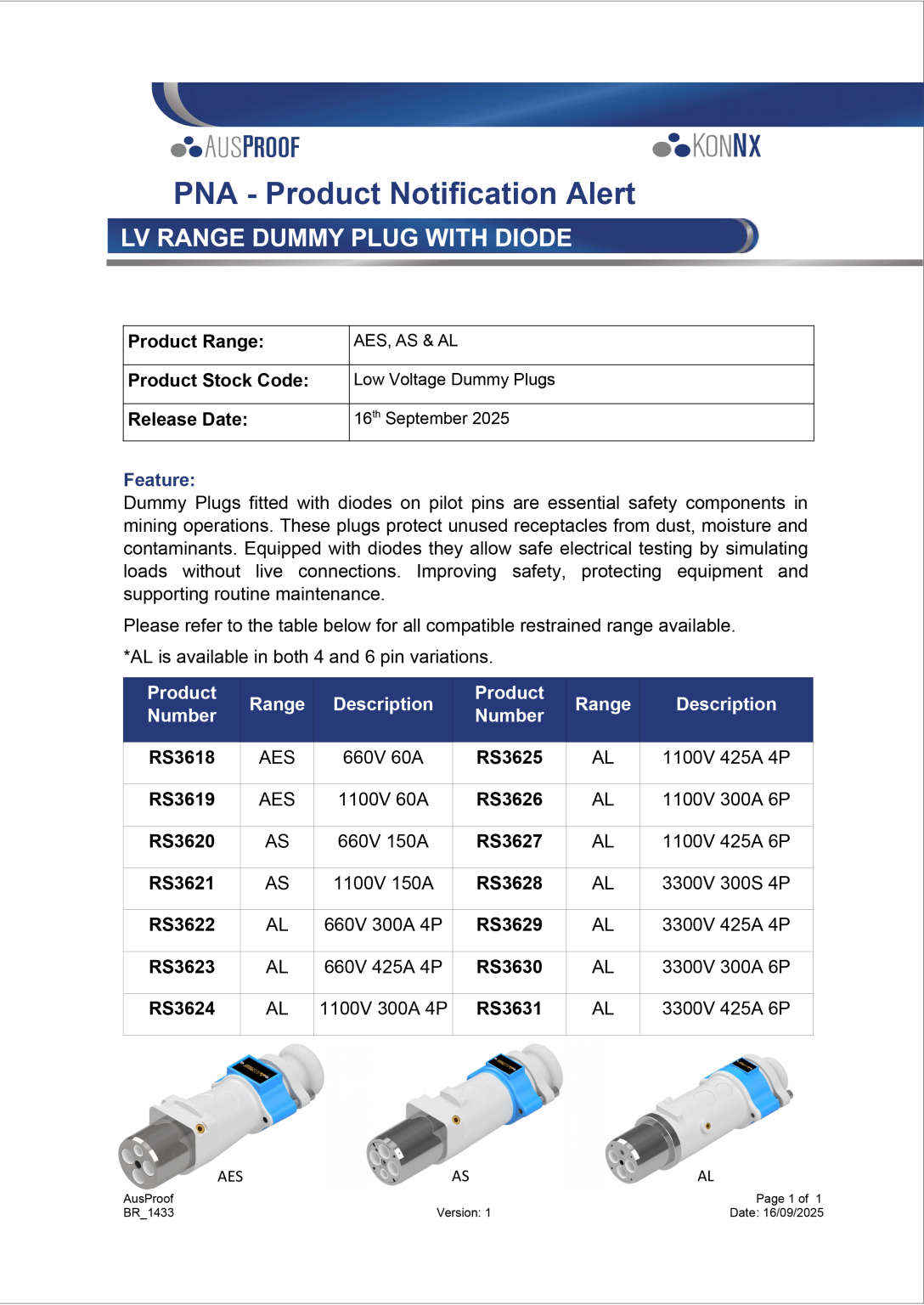 PNA - Product Notification Alert - LV Range Dummy Plug with Diode